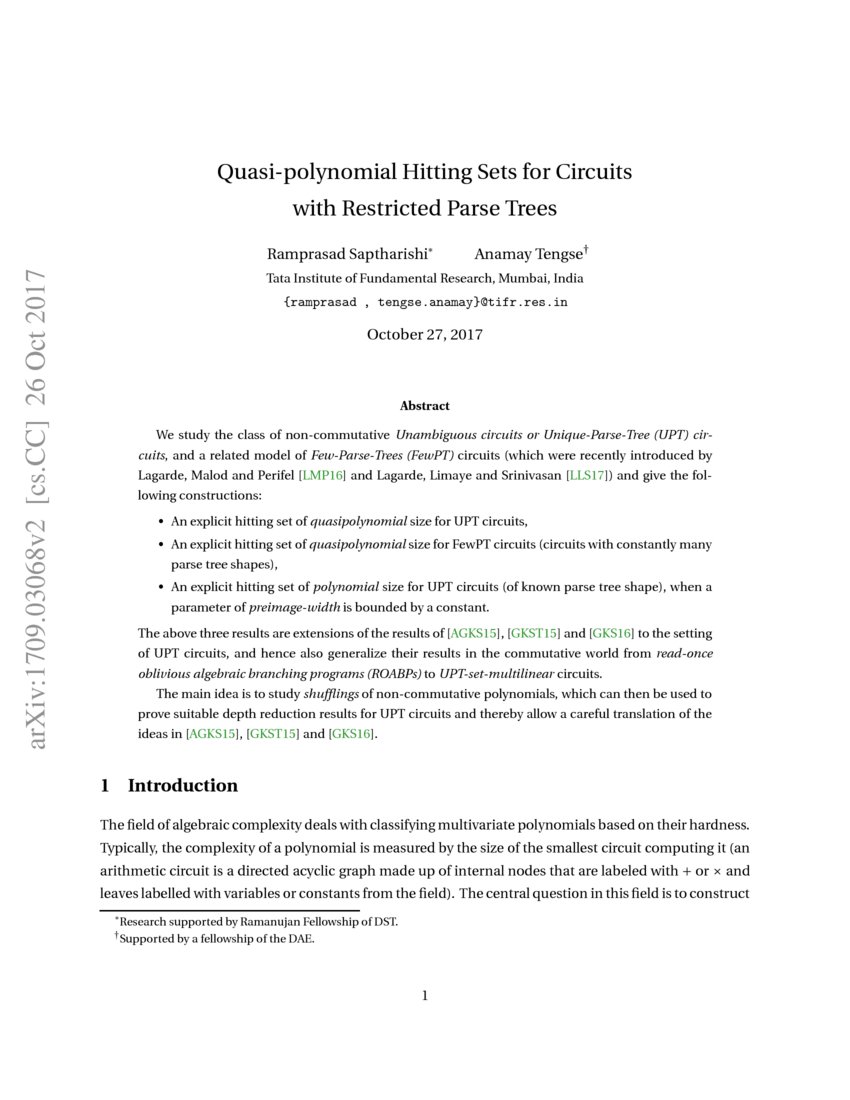 Quasi Polynomial Hitting Sets For Circuits With Restricted Parse Trees Deepai