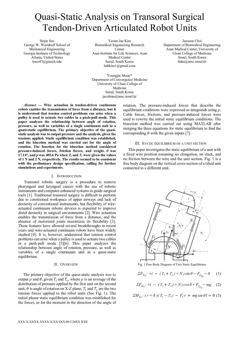 Quasi Static Analysis On Transoral Surgical Tendon Driven Articulated Robot Units Deepai
