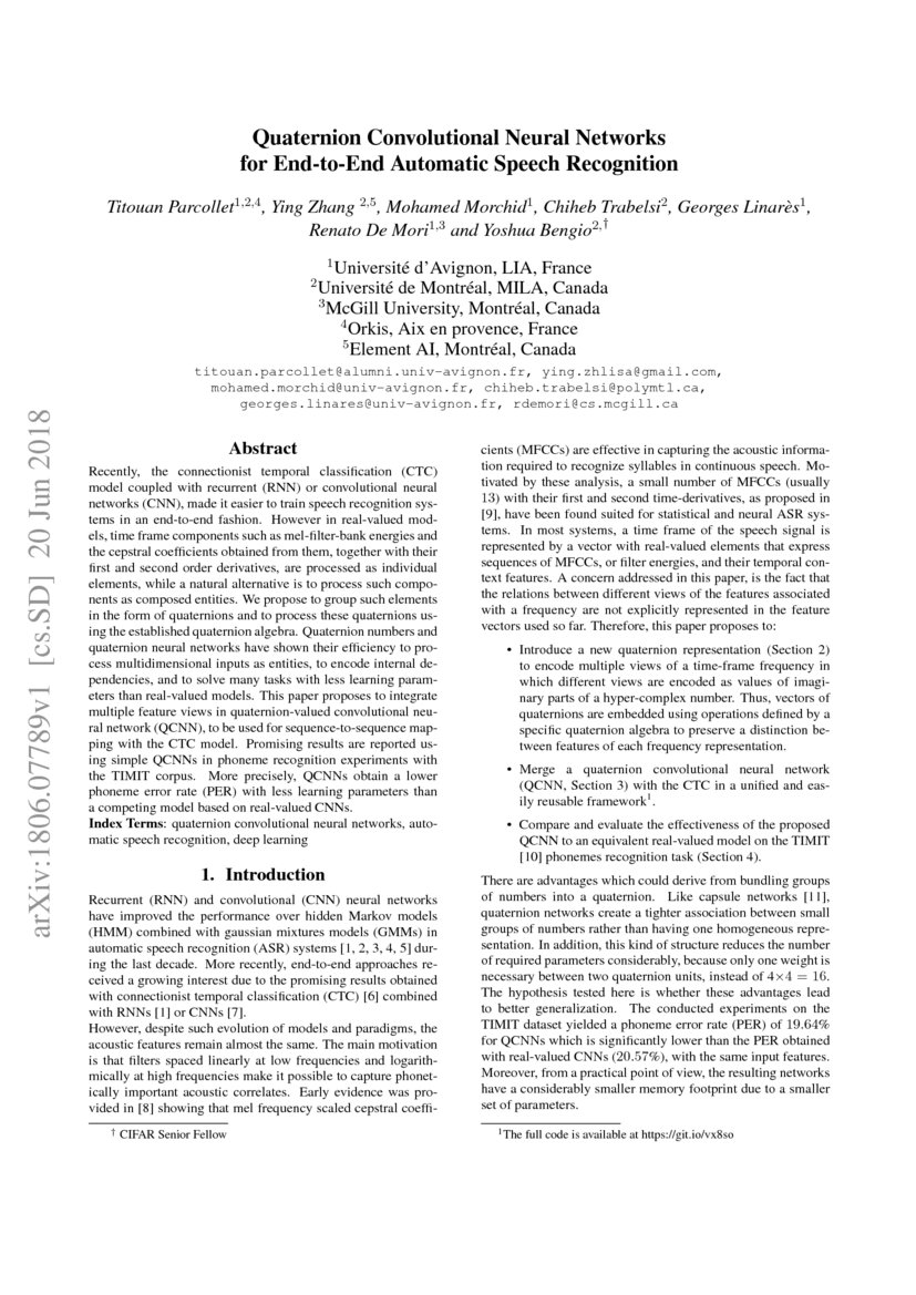 Quaternion Convolutional Neural Networks For End To End Automatic Speech Recognition Deepai