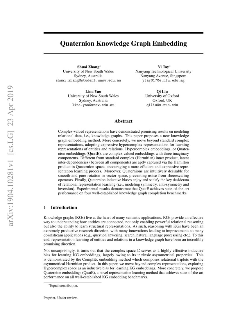 Quaternion Knowledge Graph Embedding | DeepAI
