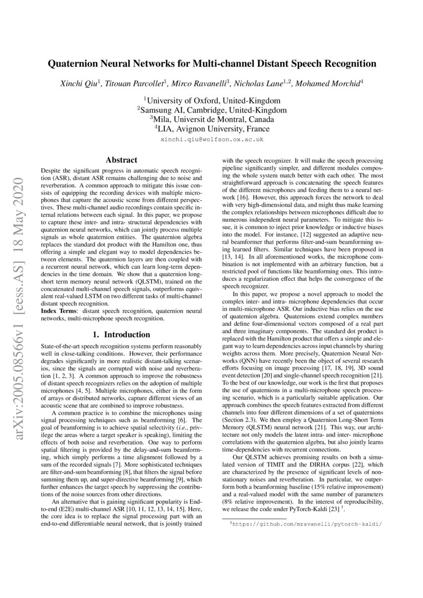 Quaternion Neural Networks for Multi-channel Distant Speech Recognition | DeepAI