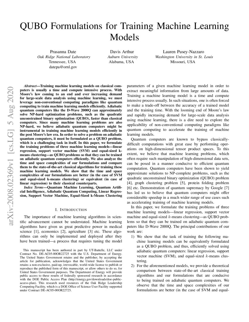 QUBO Formulations for Training Machine Learning Models | DeepAI