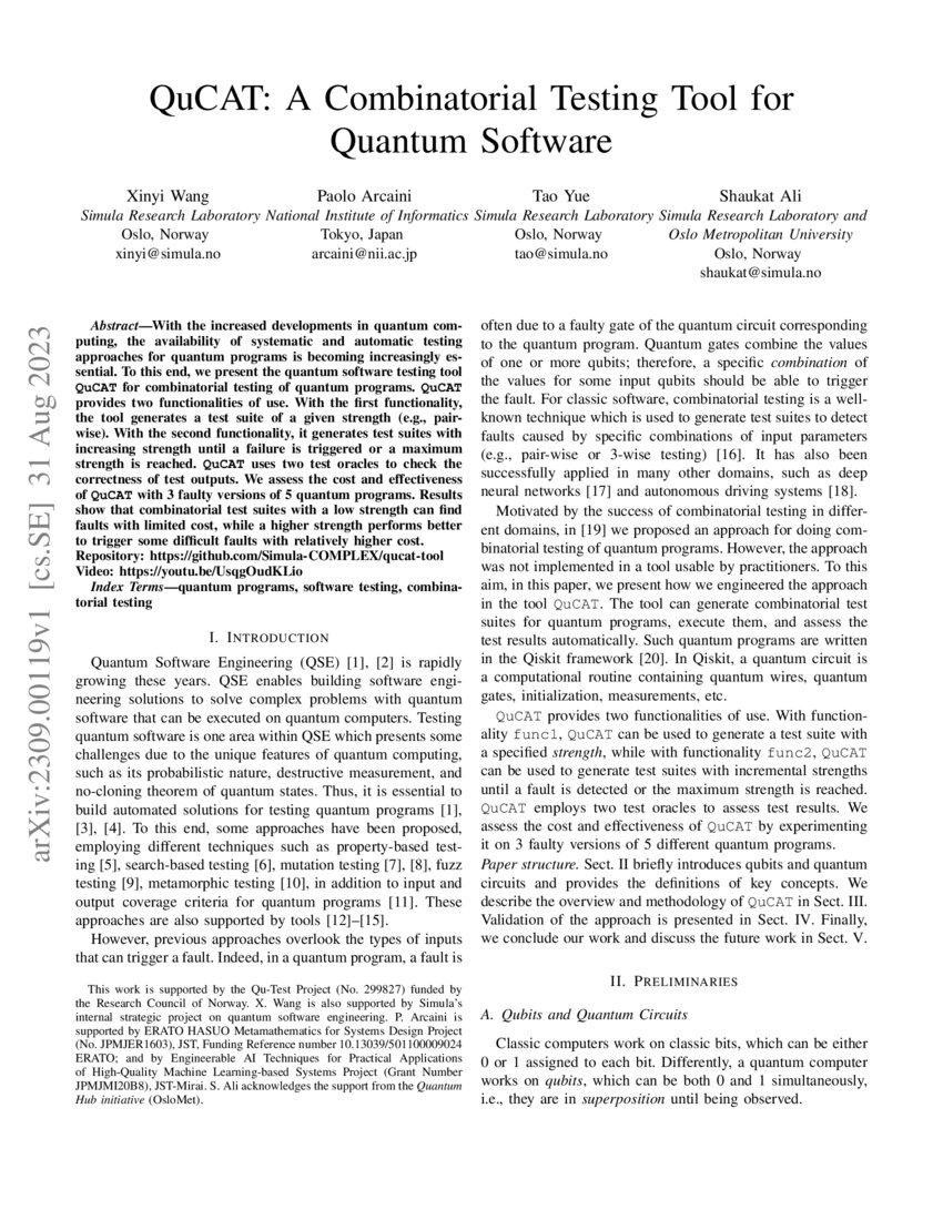 QuCAT: A Combinatorial Testing Tool for Quantum Software | DeepAI