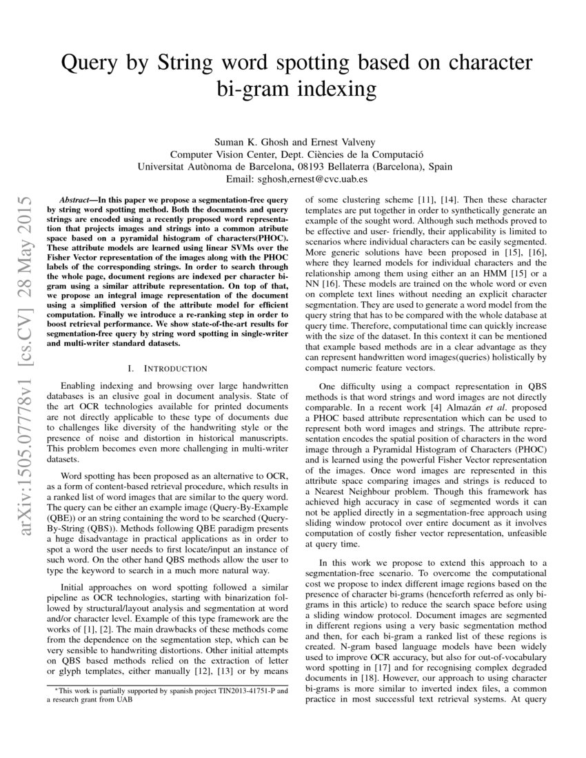 Query by String word spotting based on character bi-gram indexing | DeepAI