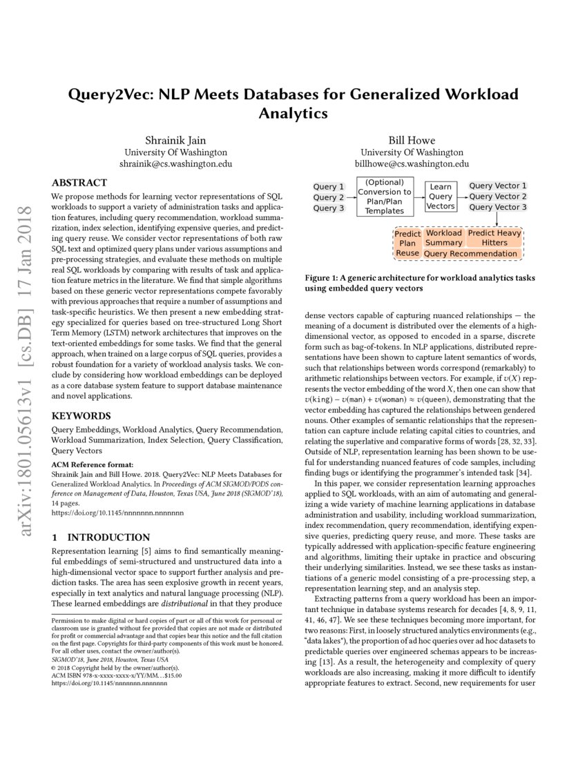 Query2Vec: NLP Meets Databases for Generalized Workload Analytics | DeepAI