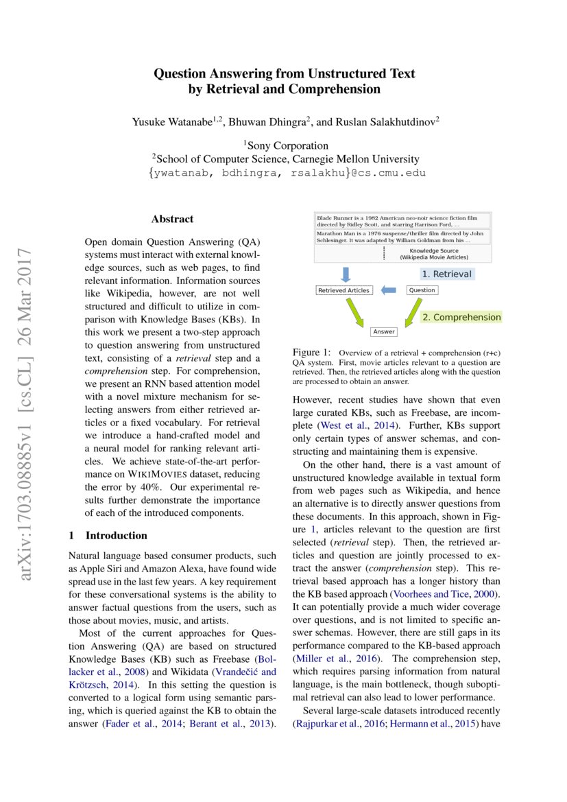 Question Answering from Unstructured Text by Retrieval and Comprehension | DeepAI