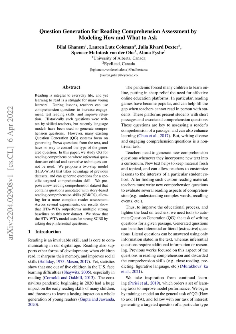 Question Generation for Reading Comprehension Assessment by Modeling ...