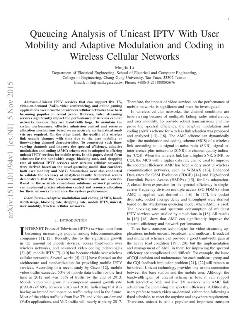 Queueing Analysis Of Unicast Iptv With User Mobility And Adaptive Modulation And Coding In