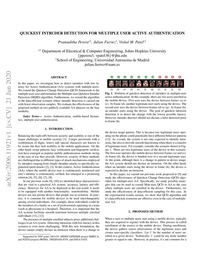 Quickest Intruder Detection for Multiple User Active Authentication | DeepAI