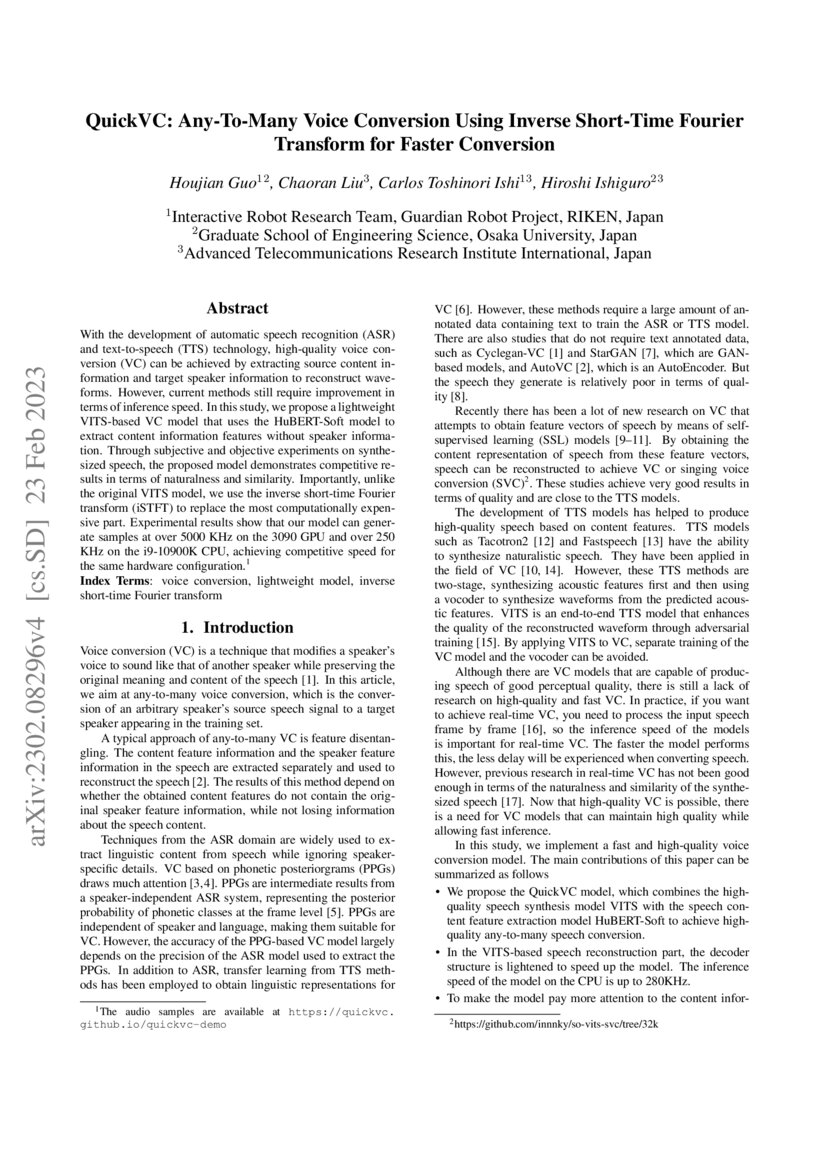 Quickvc Any To Many Voice Conversion Using Inverse Short Time Fourier Transform For Faster