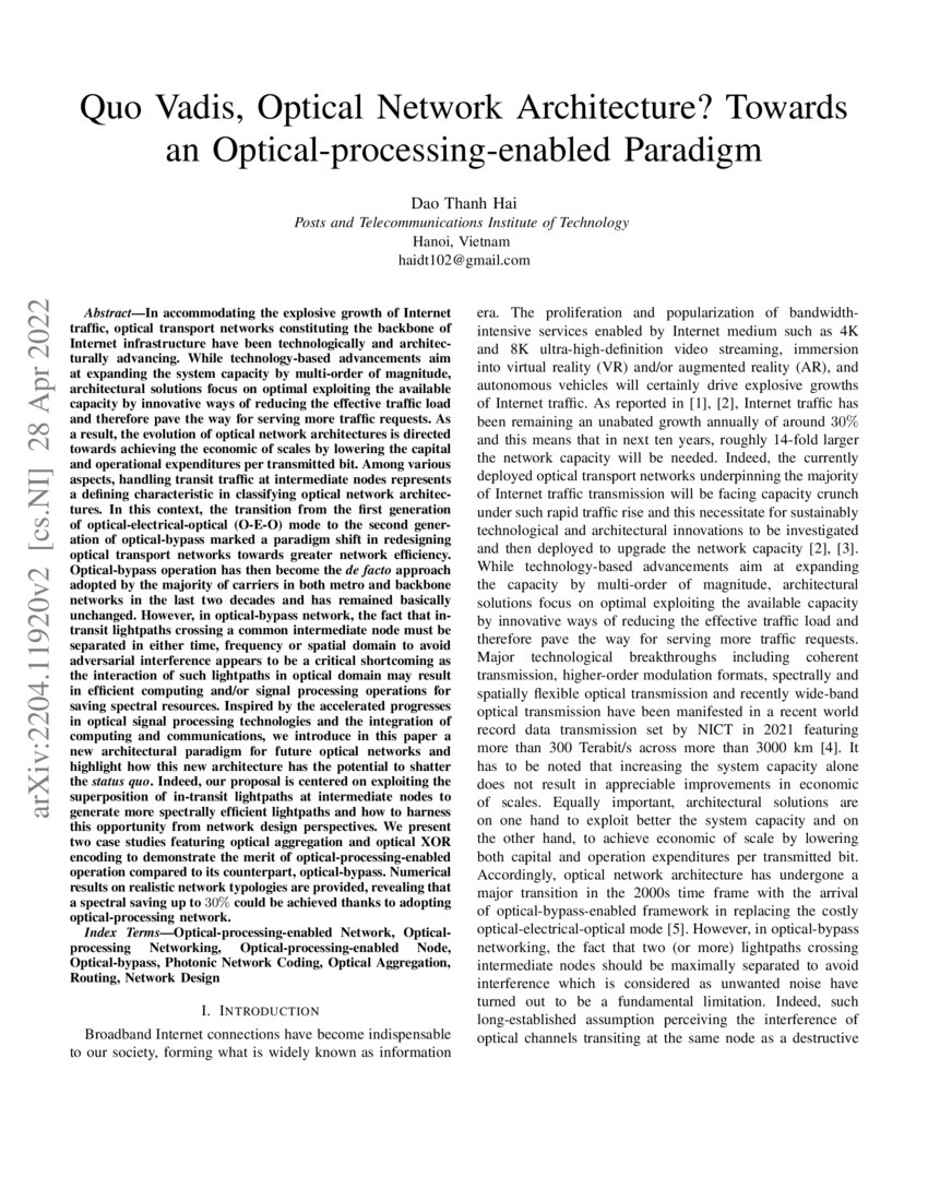 Quo Vadis, Optical Network Architecture? Towards an Optical-processing-enabled Paradigm | DeepAI