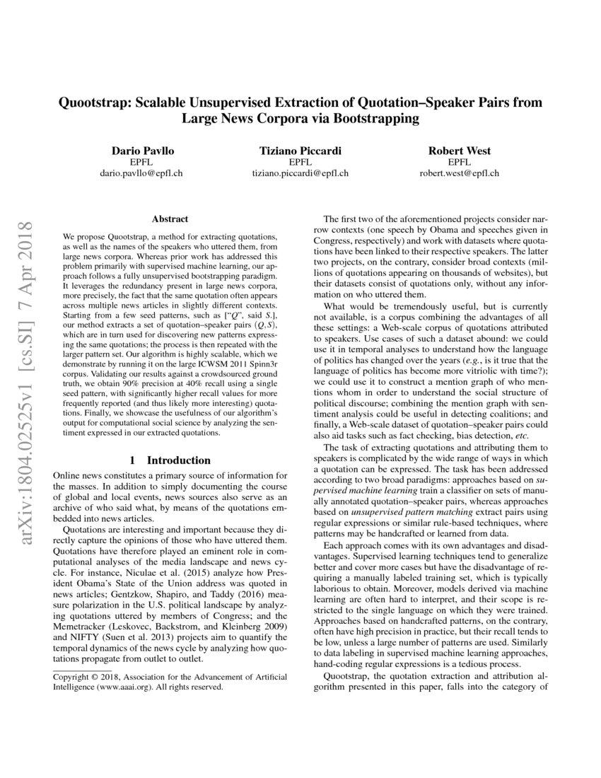 Quootstrap Scalable Unsupervised Extraction Of Quotation Speaker Pairs From Large News Corpora