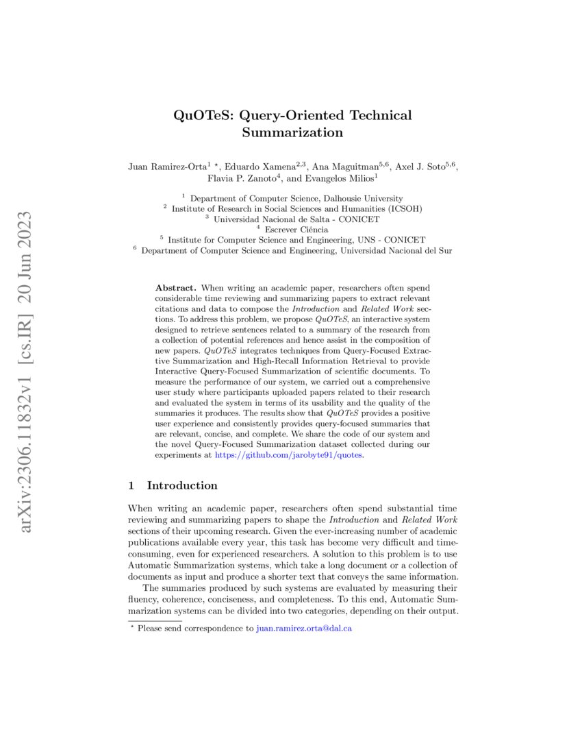 Quotes Query Oriented Technical Summarization Deepai