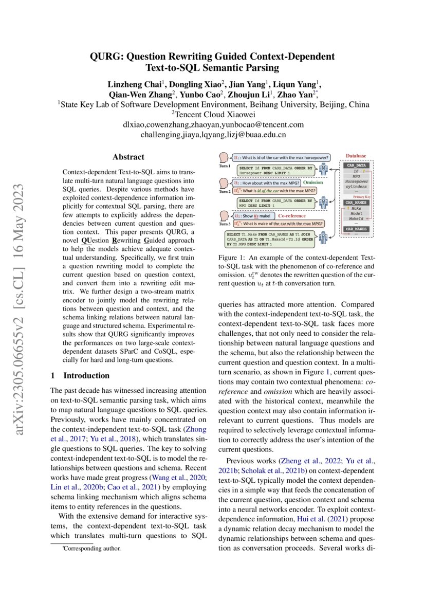 Qurg Question Rewriting Guided Context Dependent Text To Sql Semantic Parsing Deepai