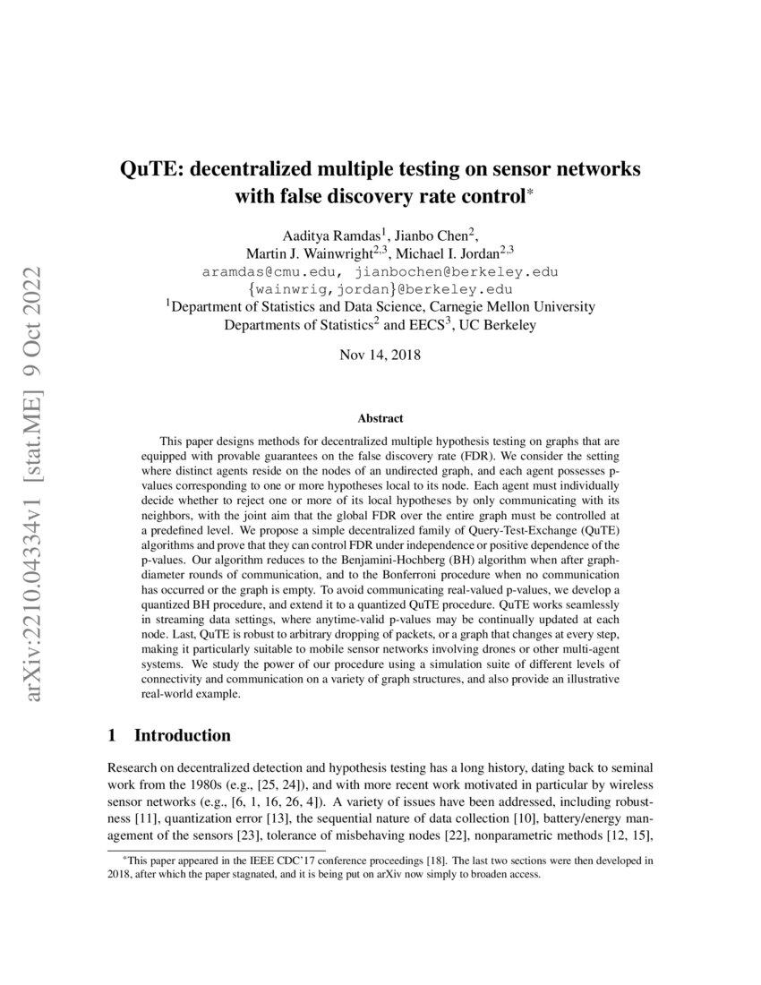 Qute Decentralized Multiple Testing On Sensor Networks With False Discovery Rate Control Deepai
