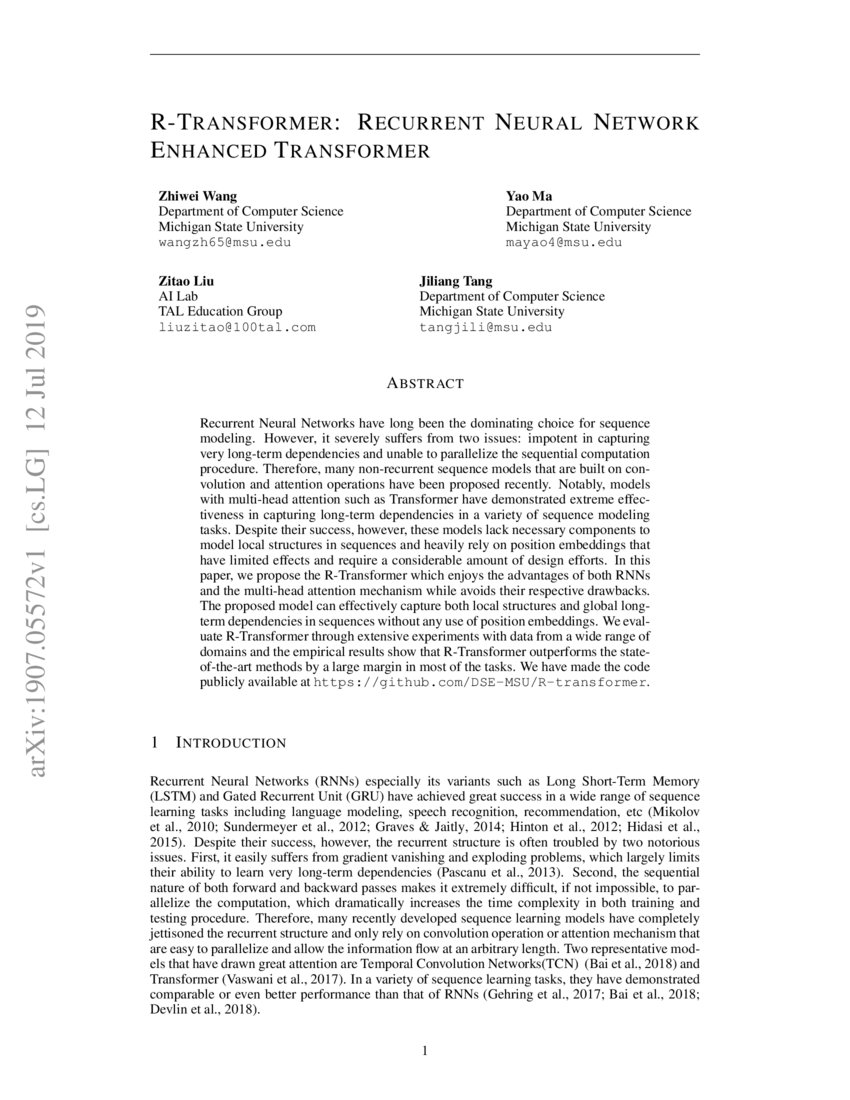 R-Transformer: Recurrent Neural Network Enhanced Transformer | DeepAI