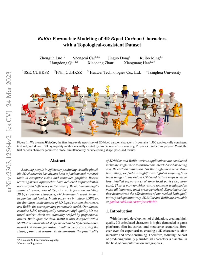 RaBit: Parametric Modeling of 3D Biped Cartoon Characters with a Topological-consistent Dataset ...