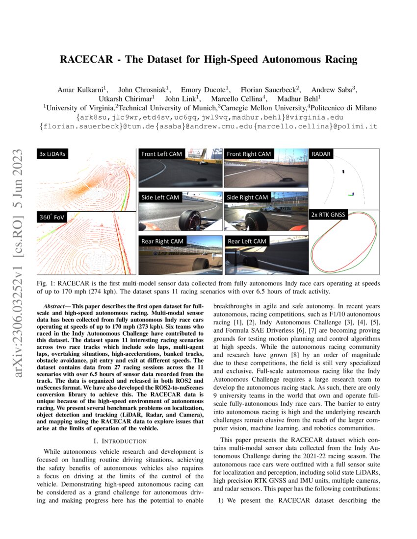 Racecar The Dataset For High Speed Autonomous Racing Deepai