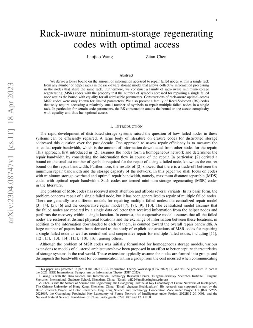 Rack Aware Minimum Storage Regenerating Codes With Optimal Access Deepai