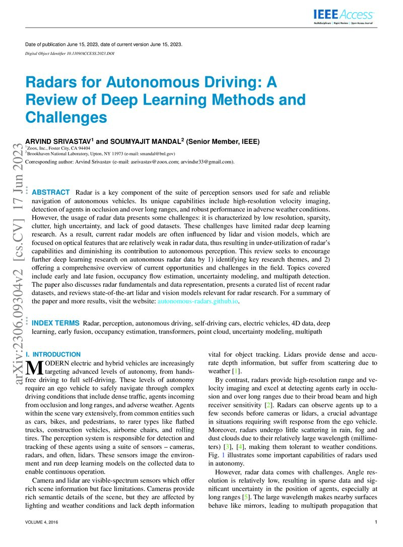 Radars For Autonomous Driving A Review Of Deep Learning Methods And
