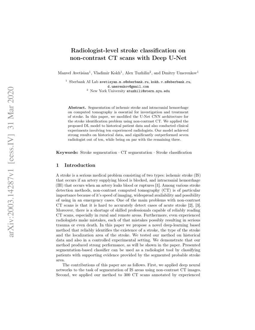 Radiologist Level Stroke Classification On Non Contrast Ct Scans With Deep U Net Deepai