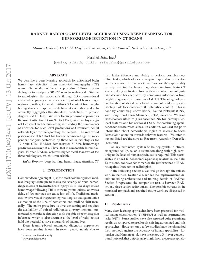 Radnet Radiologist Level Accuracy Using Deep Learning For Hemorrhage Detection In Ct Scans Deepai