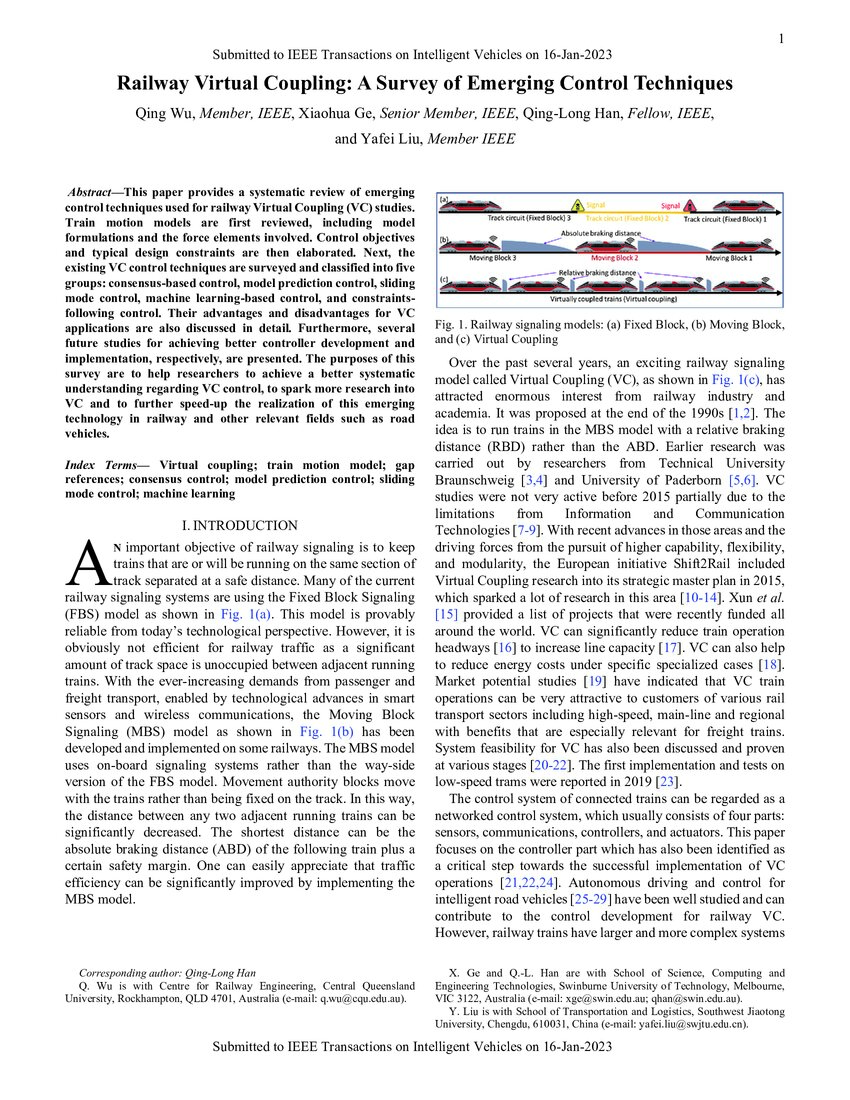 Railway Virtual Coupling: A Survey of Emerging Control Techniques | DeepAI