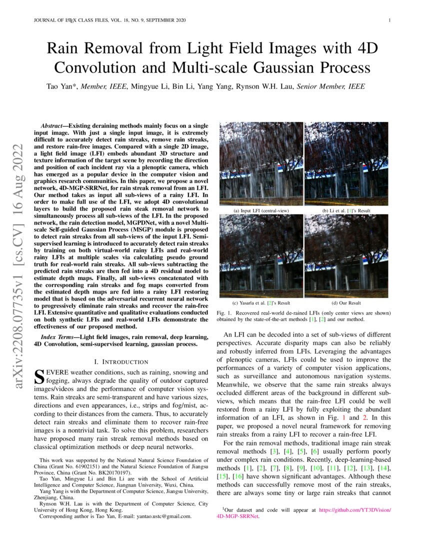 Rain Removal From Light Field Images With 4d Convolution And Multi Scale Gaussian Process Deepai