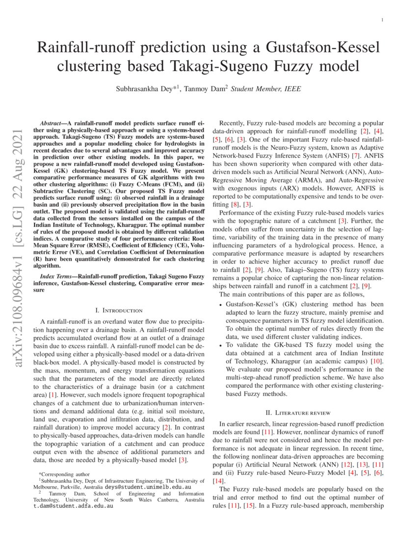 Rainfall-runoff prediction using a Gustafson-Kessel clustering based Takagi-Sugeno Fuzzy model ...