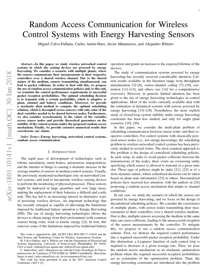 Random Access Communication for Wireless Control Systems with Energy Harvesting Sensors | DeepAI
