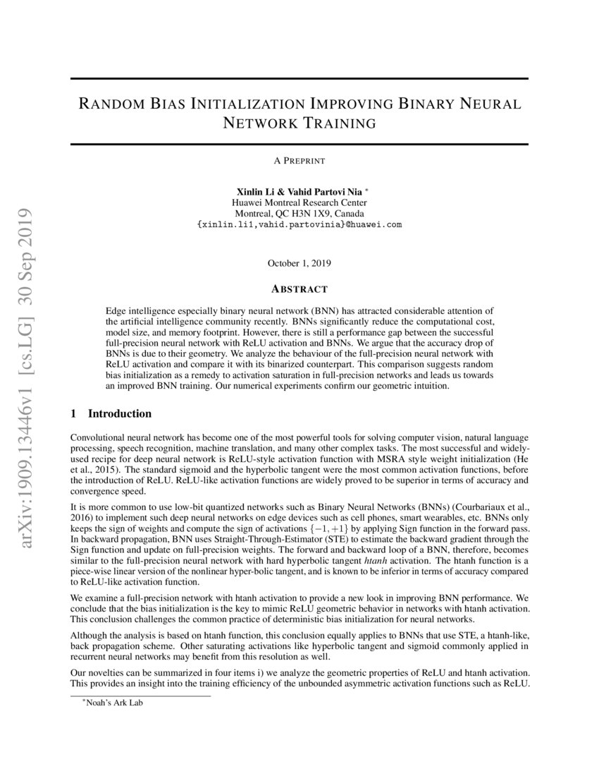 Random Bias Initialization Improving Binary Neural Network Training Deepai