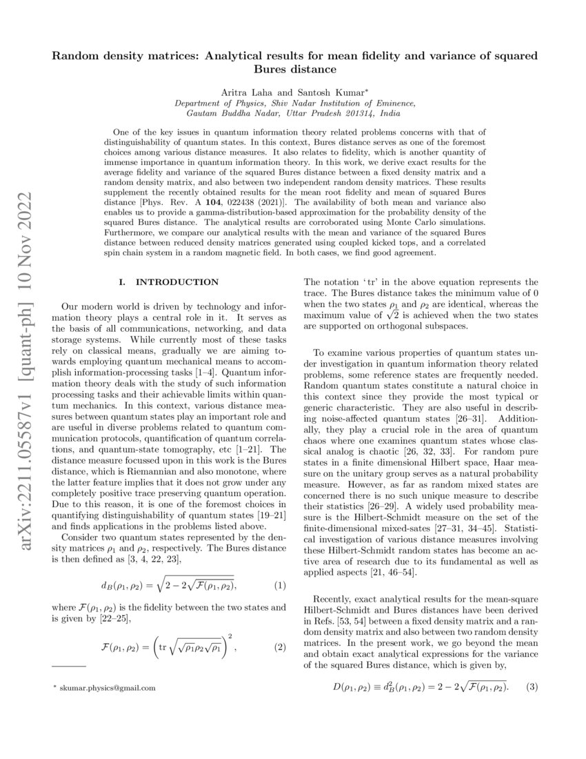 Random density matrices: Analytical results for mean fidelity and variance of squared Bures ...