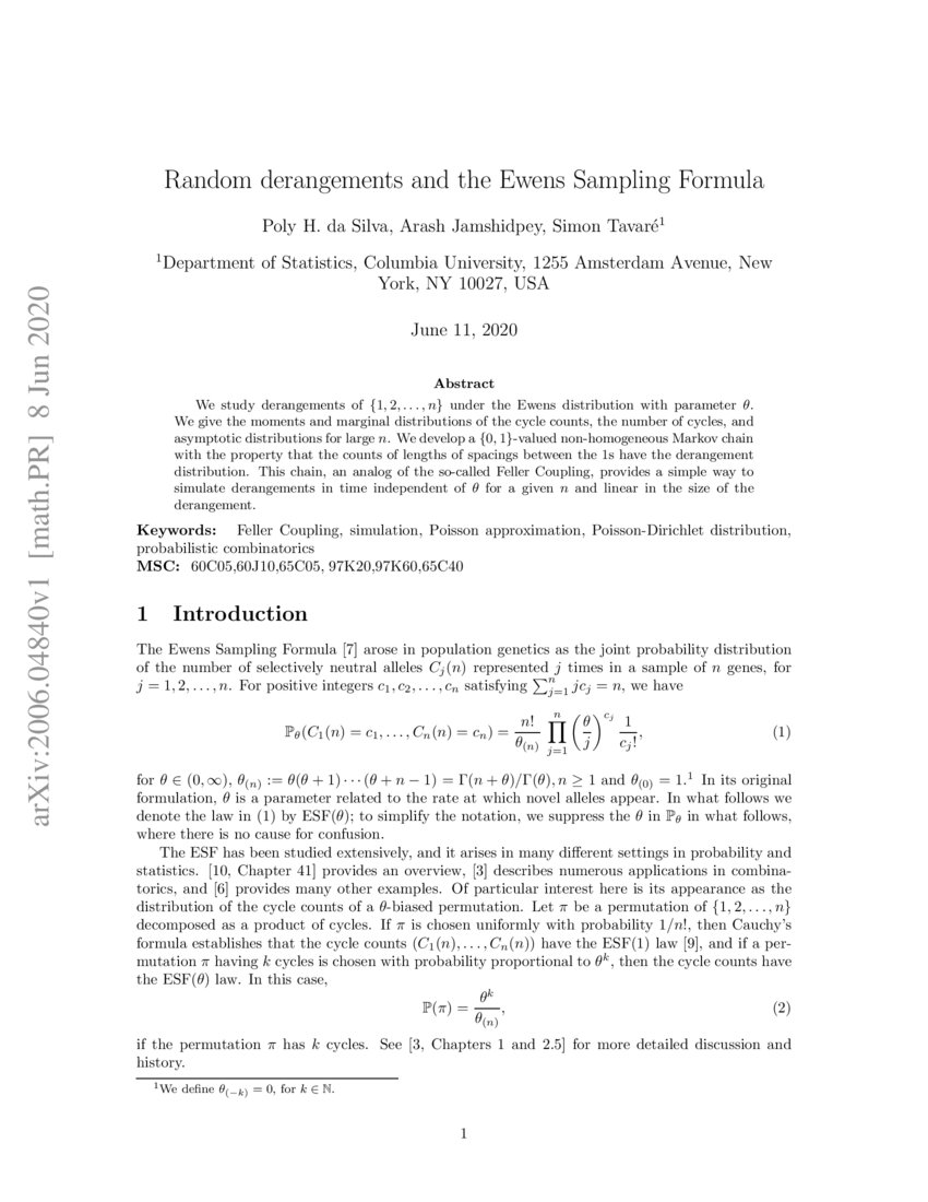 Random derangements and the Ewens Sampling Formula | DeepAI