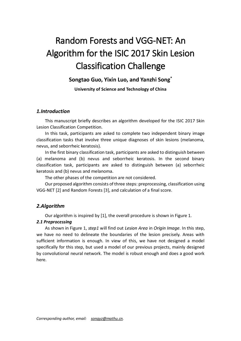 Random Forests And Vgg Net An Algorithm For The Isic 2017 Skin Lesion Classification Challenge
