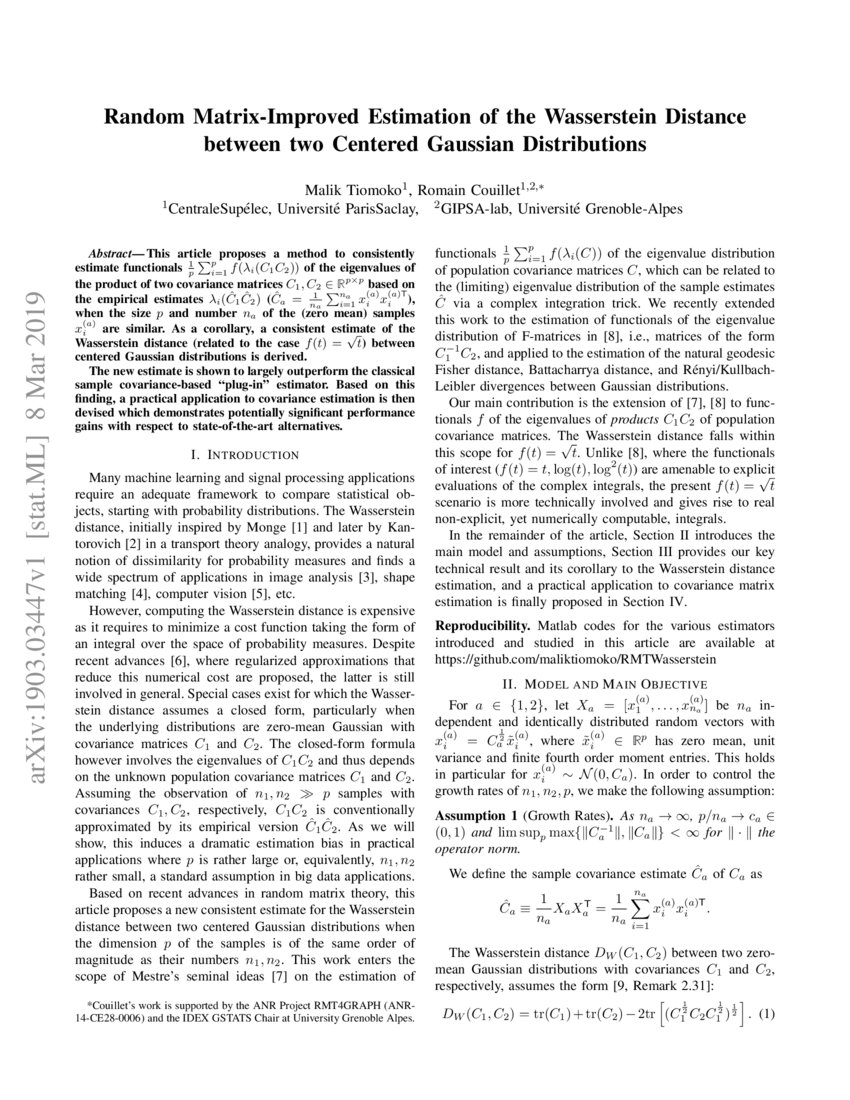 Random Matrix Improved Estimation Of The Wasserstein Distance Between Two Centered Gaussian