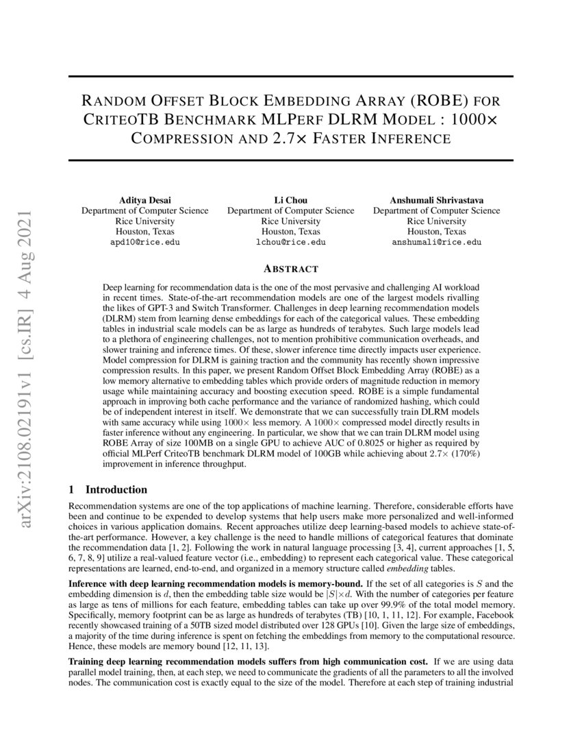 Random Offset Block Embedding Array (ROBE) for CriteoTB Benchmark MLPerf DLRM Model : 1000× ...