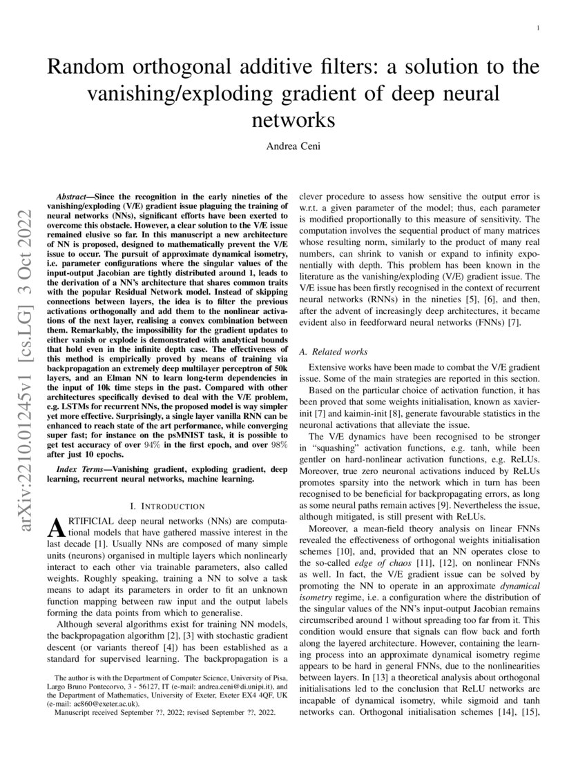 Random Orthogonal Additive Filters A Solution To The Vanishingexploding Gradient Of Deep