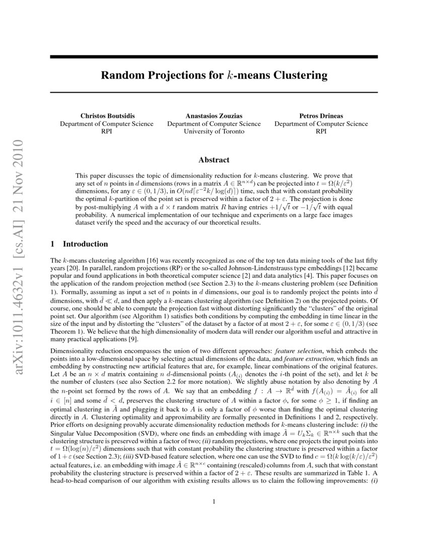 Random Projections for k-means Clustering | DeepAI