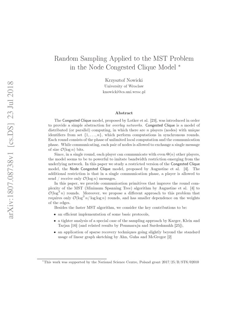 Random Sampling Applied To The Mst Problem In The Node Congested Clique 