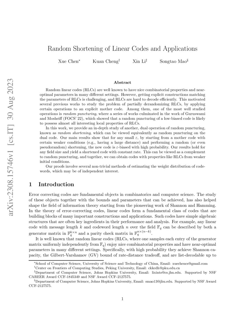 Random Shortening Of Linear Codes And Applications Deepai 0054