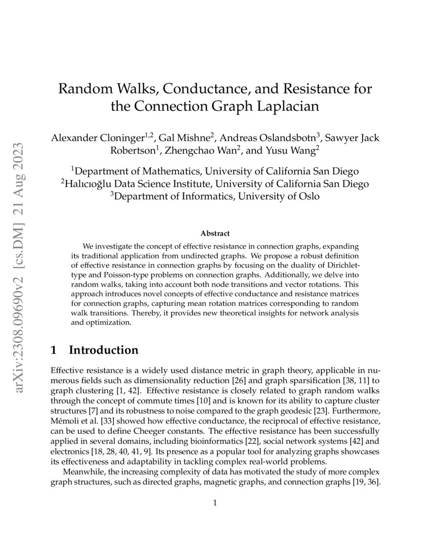 Random Walks Conductance And Resistance For The Connection Graph Laplacian Deepai 