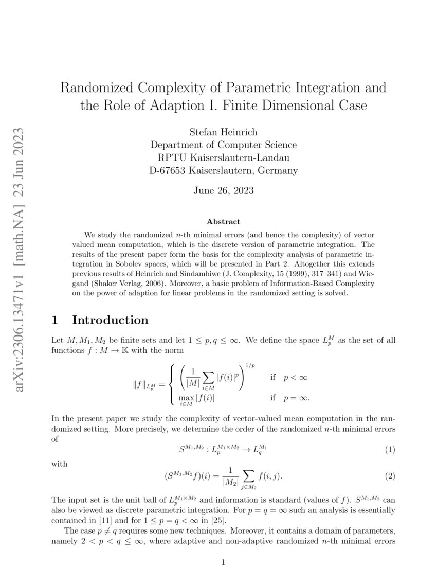 Randomized Complexity Of Parametric Integration And The Role Of Adaption I Finite Dimensional