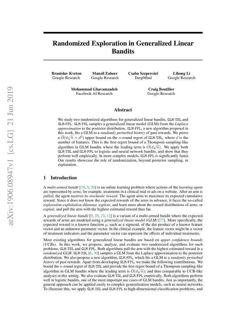 Randomized Exploration In Generalized Linear Bandits Deepai