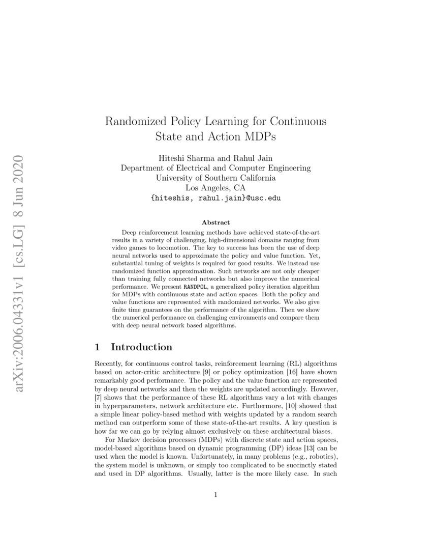 Randomized Policy Learning for Continuous State and Action MDPs | DeepAI
