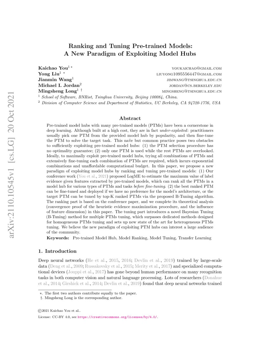 Ranking and Tuning Pre-trained Models: A New Paradigm of Exploiting Model Hubs | DeepAI