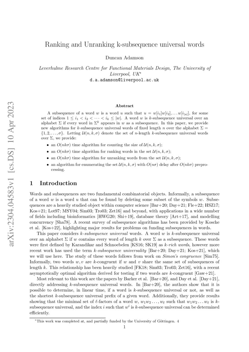 Ranking and Unranking k-subsequence universal words | DeepAI Ranking and Unranking k-subsequence universal words | DeepAI