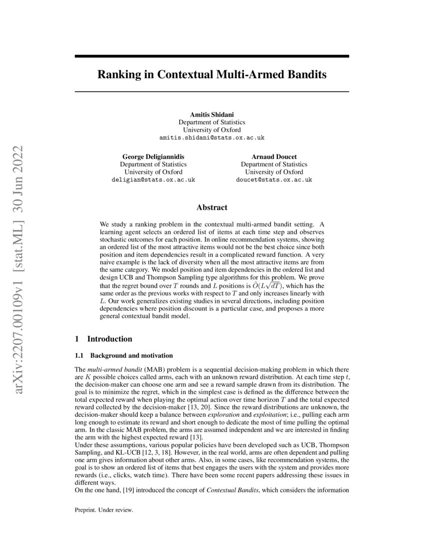 Ranking in Contextual Multi-Armed Bandits | DeepAI