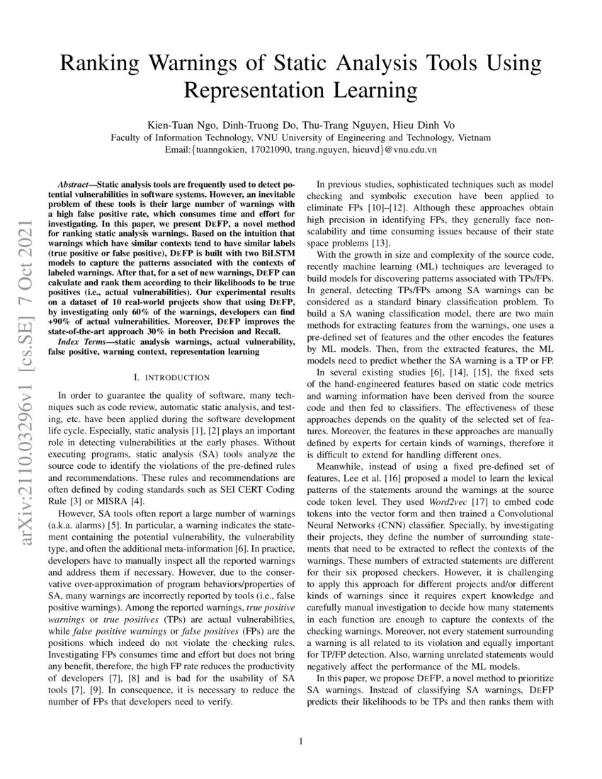 Ranking Warnings Of Static Analysis Tools Using Representation Learning Deepai 