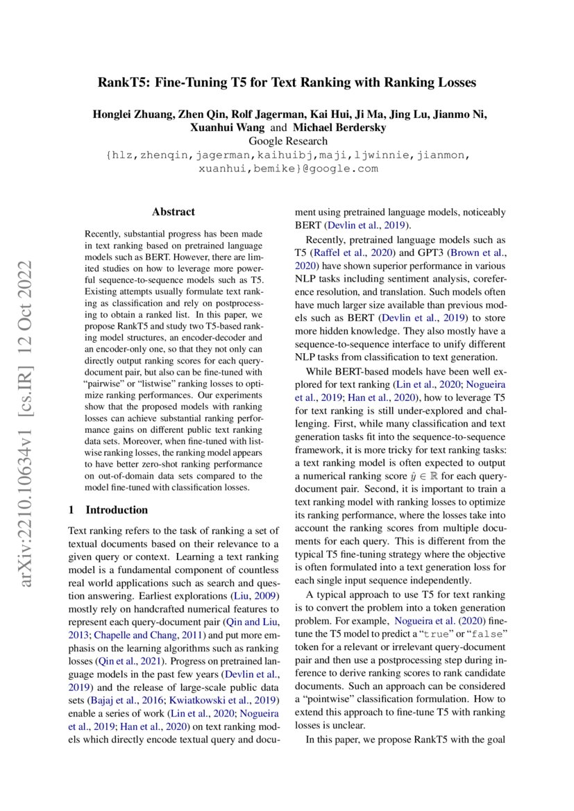 RankT5: Fine-Tuning T5 for Text Ranking with Ranking Losses | DeepAI