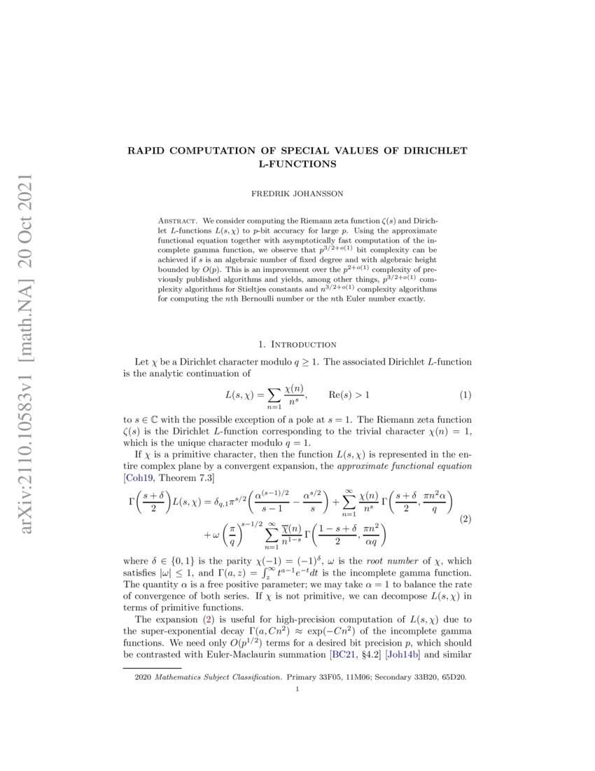 Rapid Computation Of Special Values Of Dirichlet L Functions Deepai